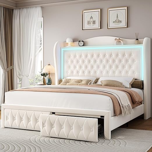 Amazon.com: Queen Bed Frame 55" Tall Headboard with LED Lights, Buttons ...