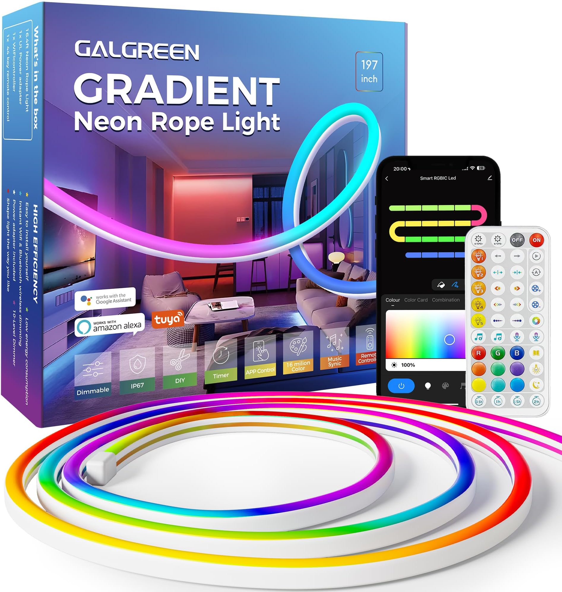 Amazon.com: Galgreen RGB+IC Neon Rope Lights, 16.4ft WiFi Gradient LED ...