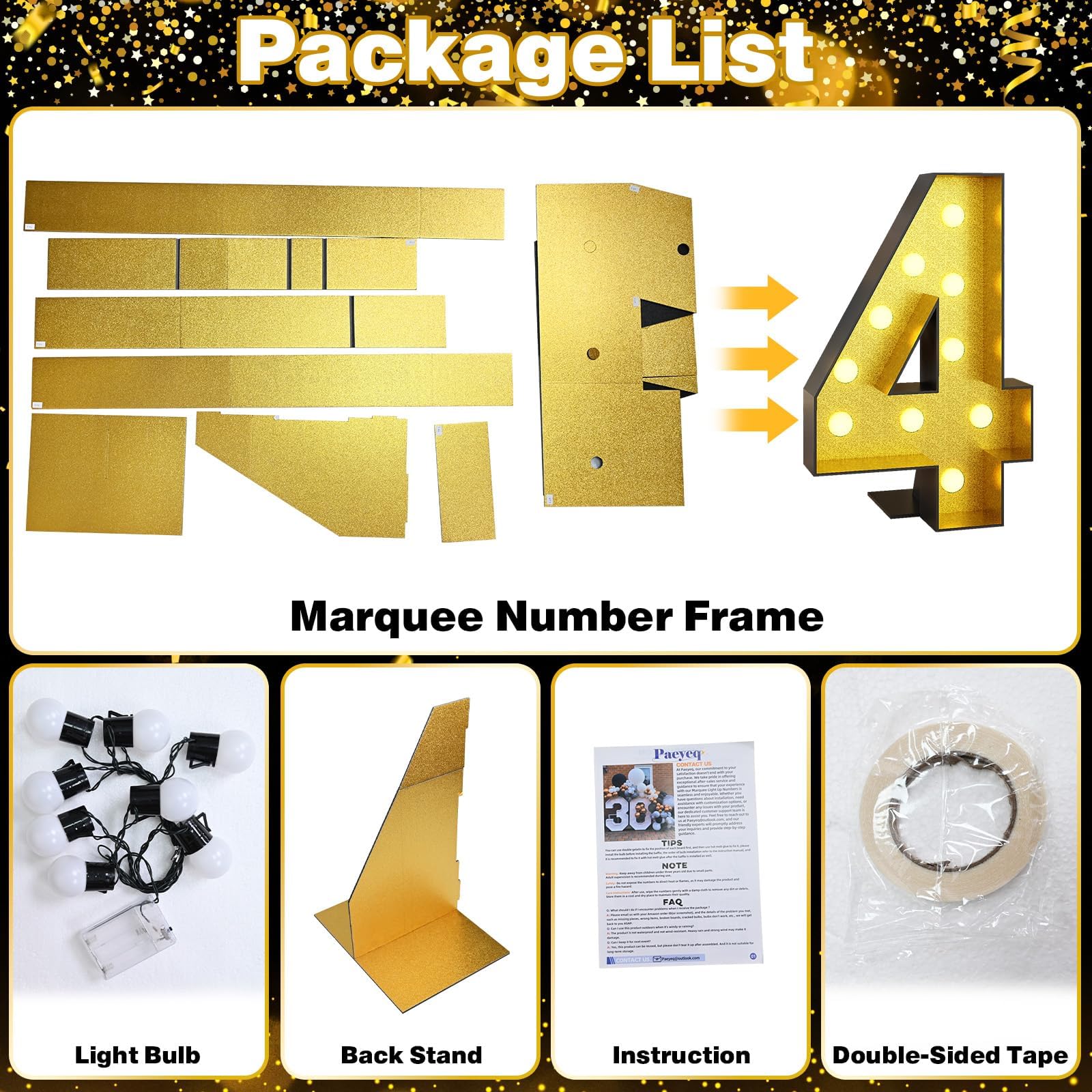 Snapklik.com : Marquee Numbers 4, 4FT Light Up Numbers Black Gold Large ...