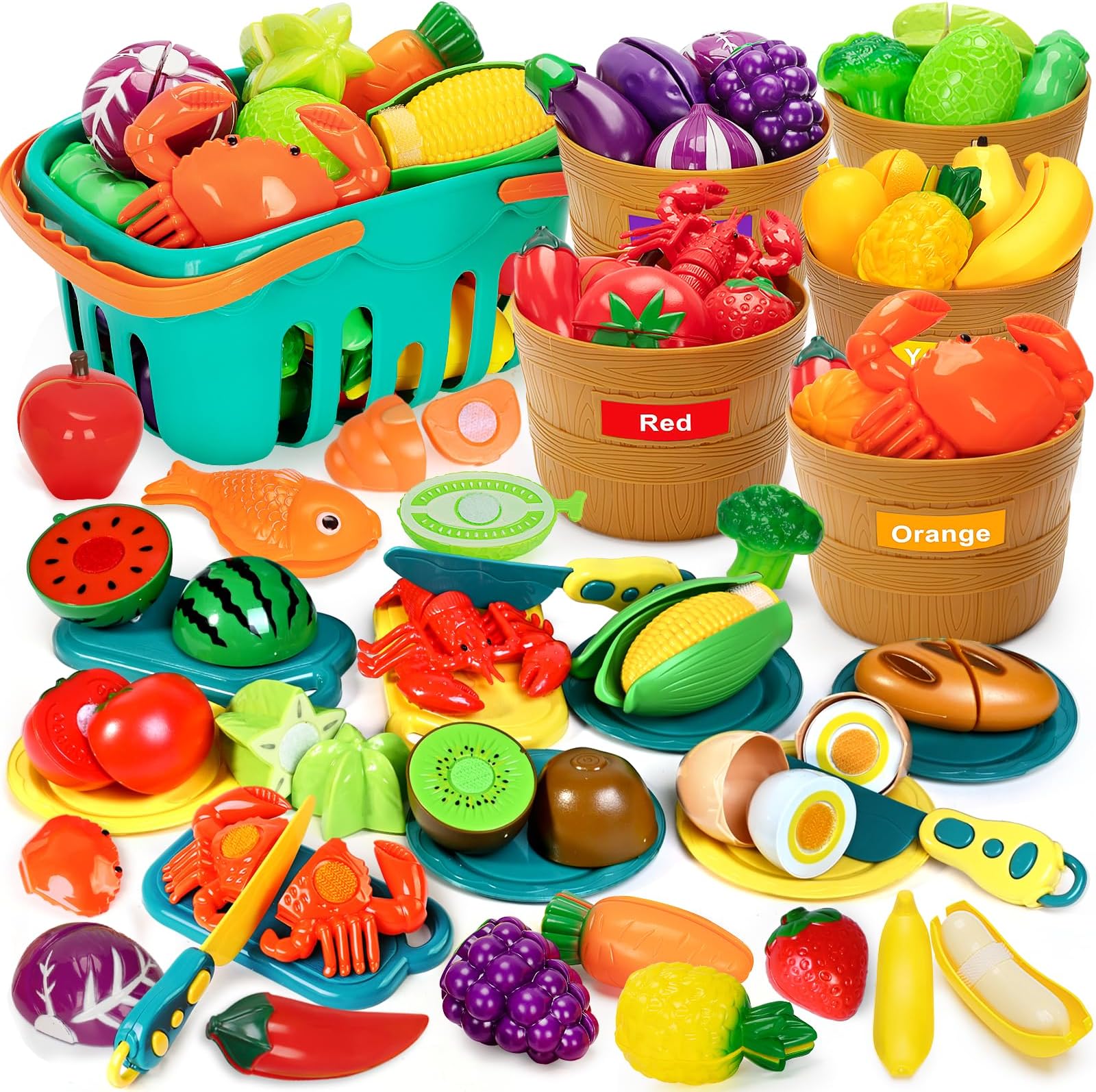 Color Sorting Play Food Set - 68 Pcs Cutting Play Food Toy for Kids ...