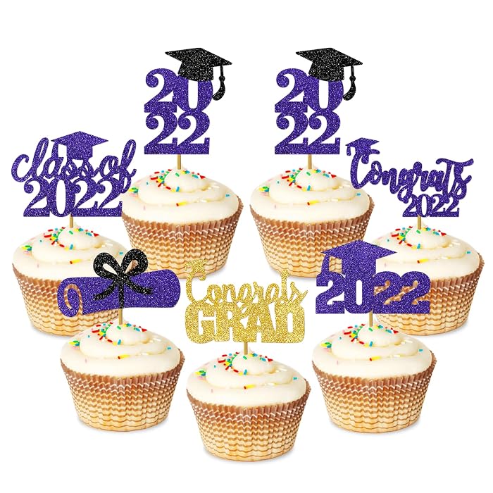 Buy Glitter Graduation Cupcake Toppers Purple&Gold, Graduation Cupcake ...