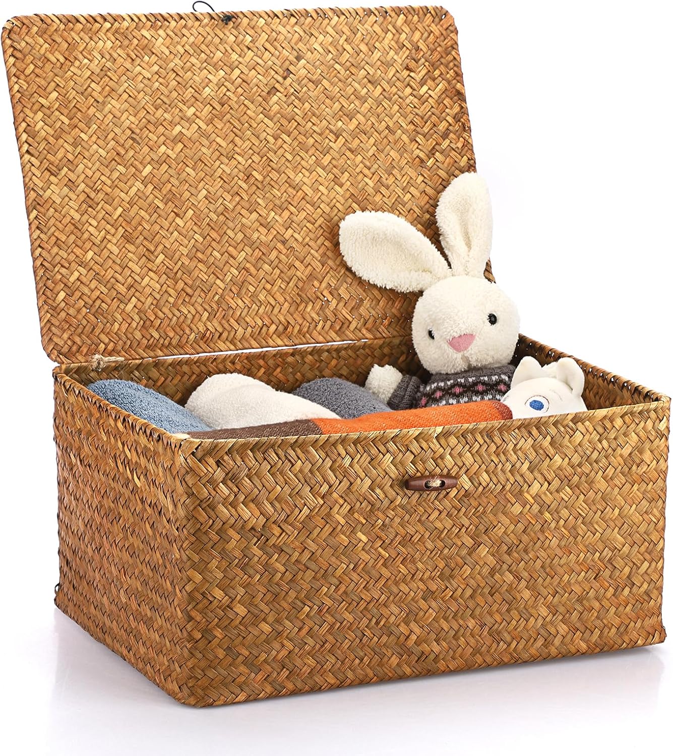 BTSKY Extra Large Woven Wicker Storage Bins with Lid, Natural Seagrass ...
