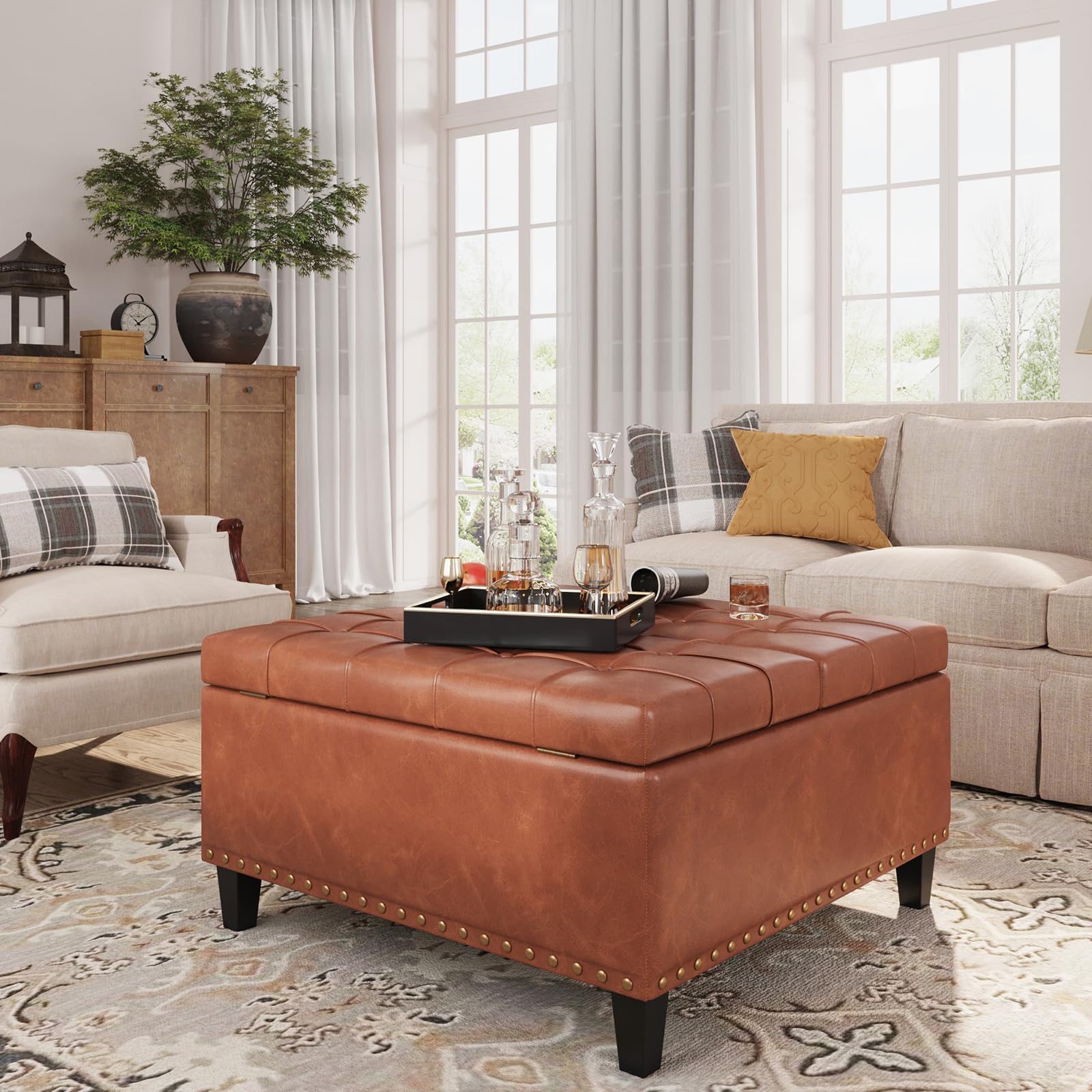 Amazon.com: 24KF Large Square Upholstered Tufted Linen Ottoman Coffee ...