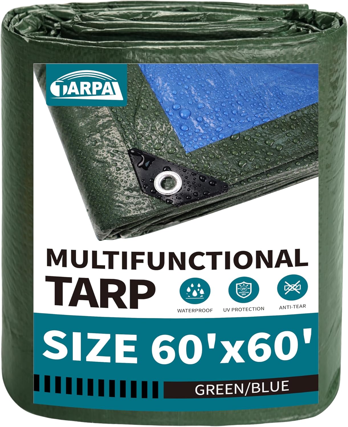 TARPAL 60x60 Feet Green Tarp Waterproof Multipurpose Protective Cover All Purpose Outdoor Poly ...