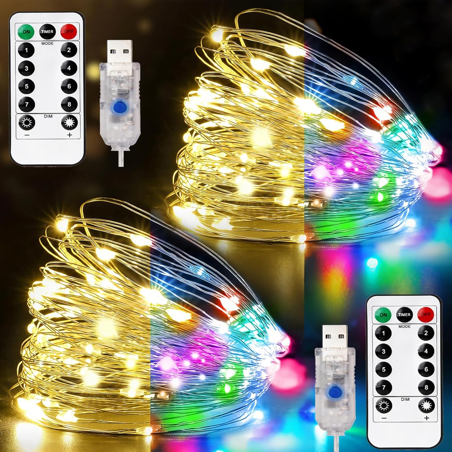 [2 Packs] Color Changing Fairy Lights, 33FT 100 LED Dimmable USB Plug ...