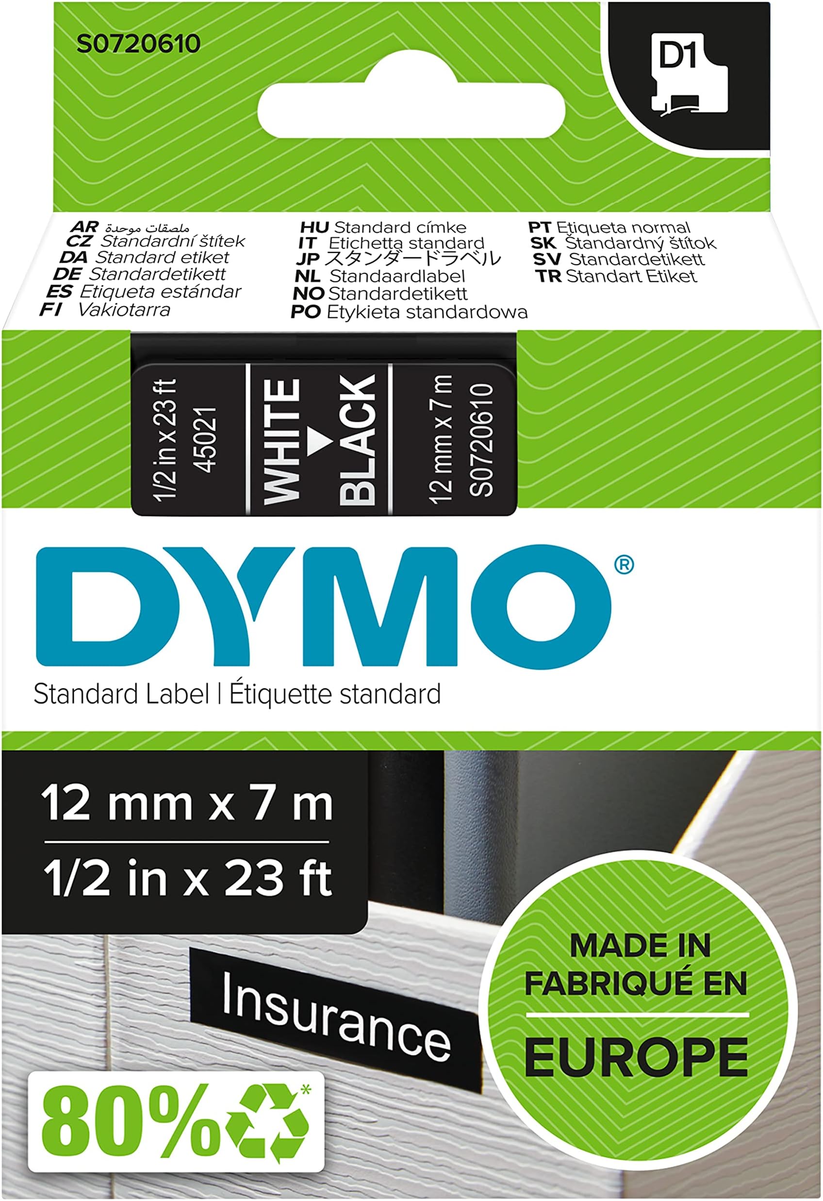 Amazon.com: Dymo D1 Standard Labelling Tape 12mm x 7m - White on Black ...