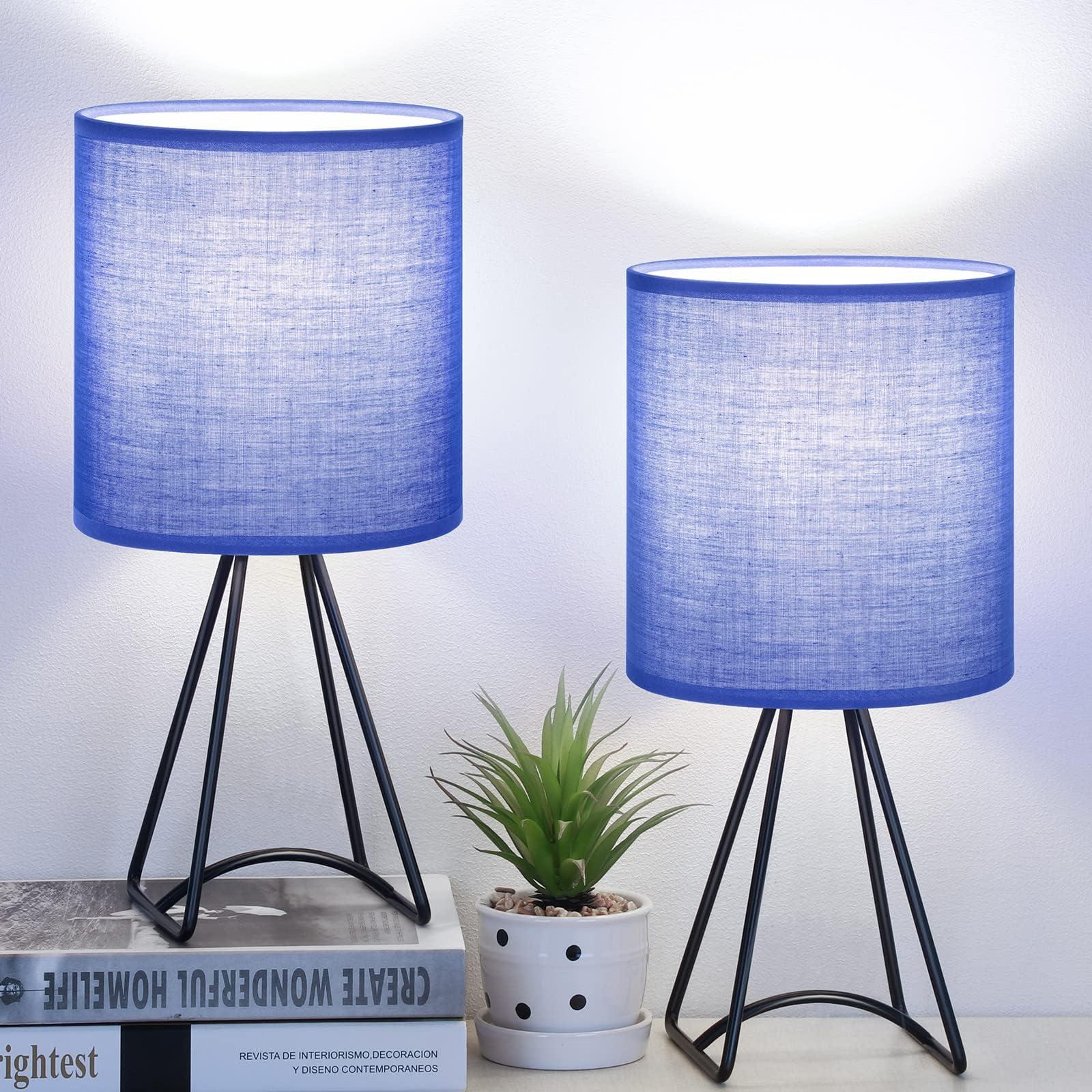 Bedside Table Lamps Set of 2, Blue Metal Table Lamp for Bedroom, Modern ...