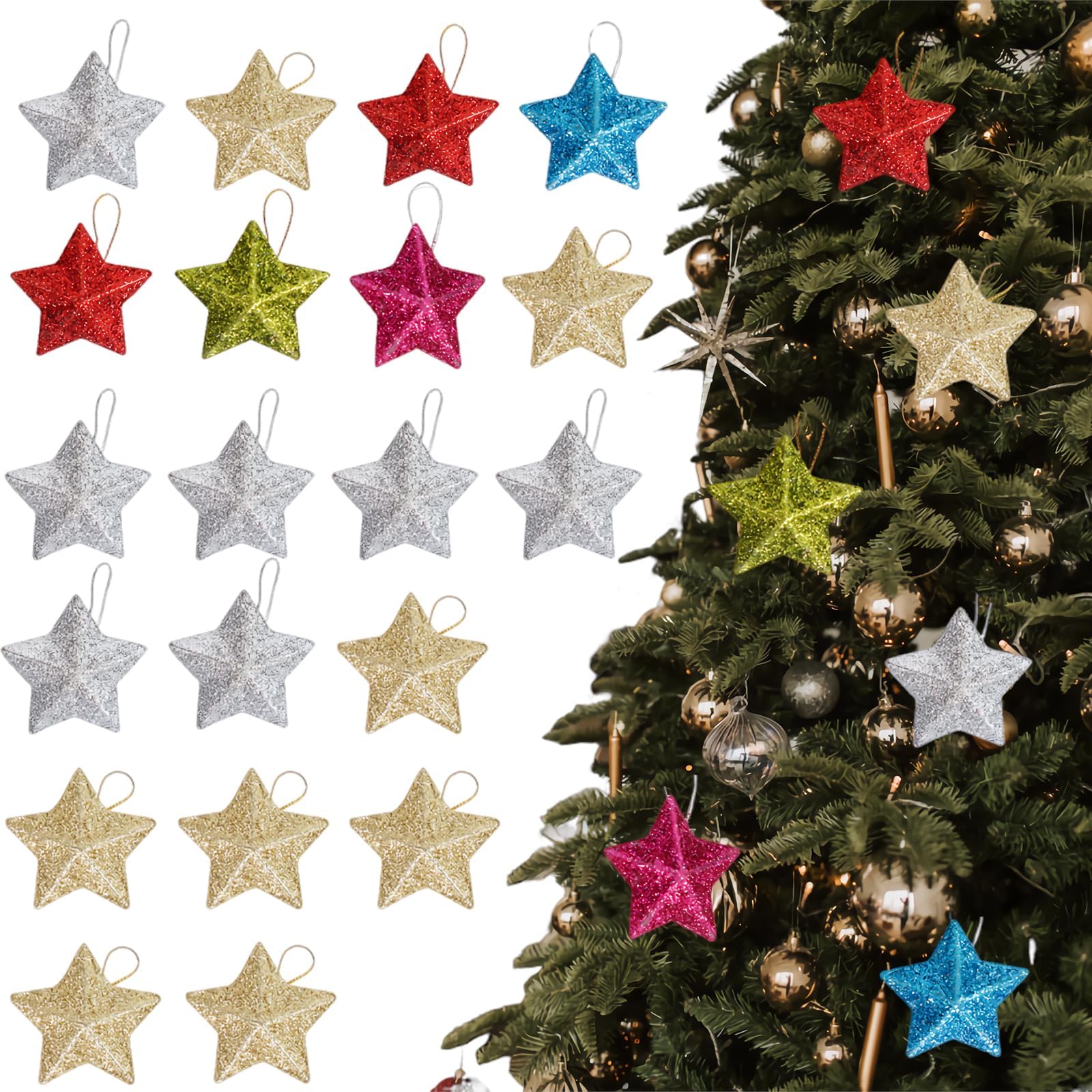 Amazon.com: 36 Pcs Glitter Star Ornaments Christmas Tree Star Ornaments ...