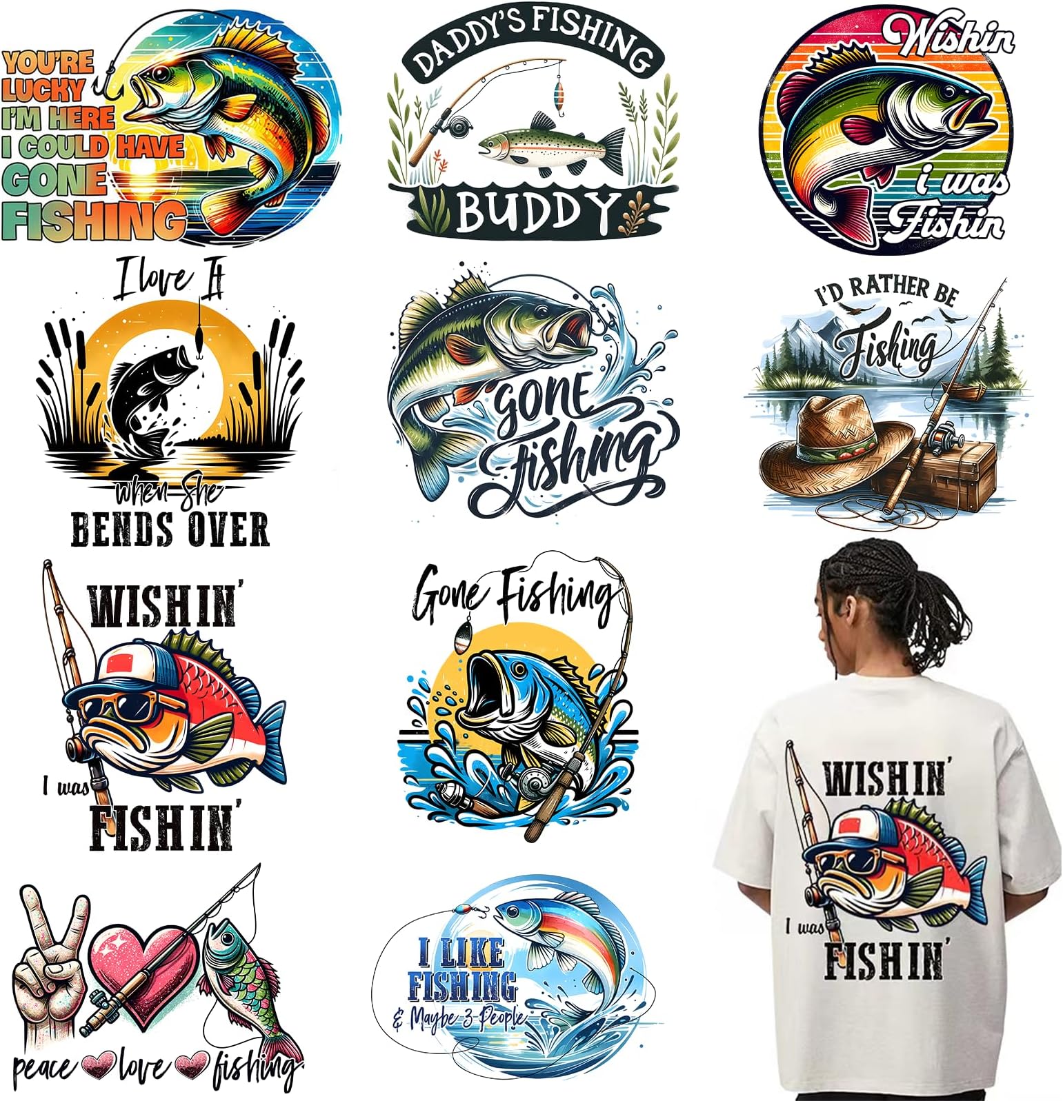 Amazon.com: CRASHOT Fishing Iron on Transfers for T-Shirts, 12 PCS ...