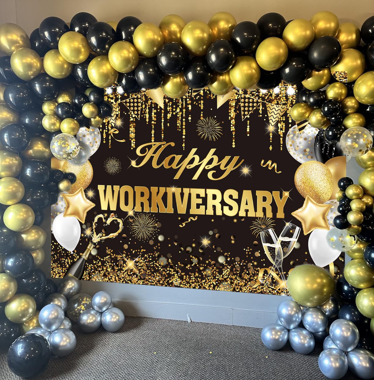 Snapklik.com : Happy Work Anniversary Banner Backdrop 8x6FT Black Gold ...