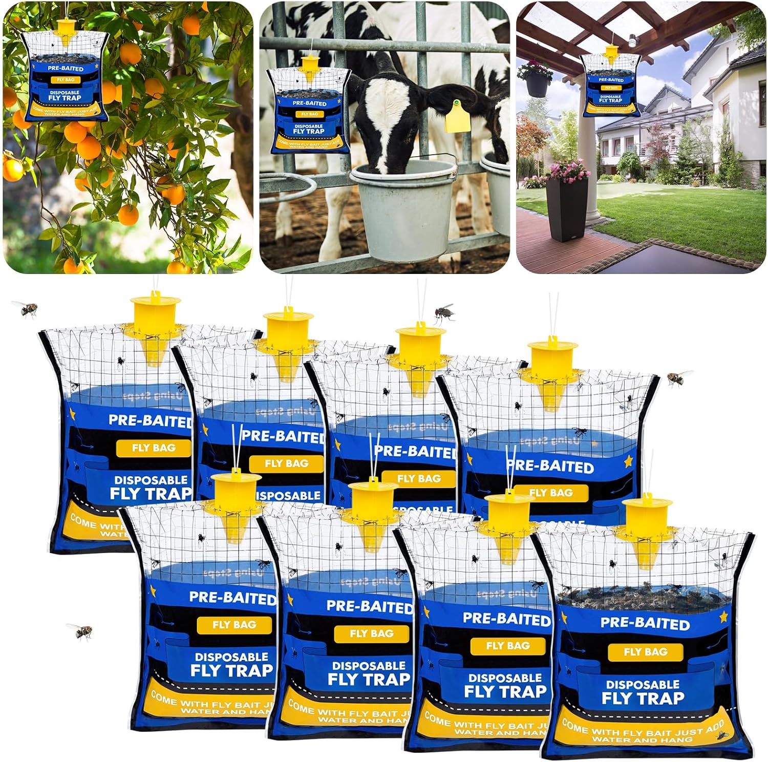 Amazon.com : 8 Fly Traps Hanging Outdoor, Natural Pre-Baited Fly Bag ...