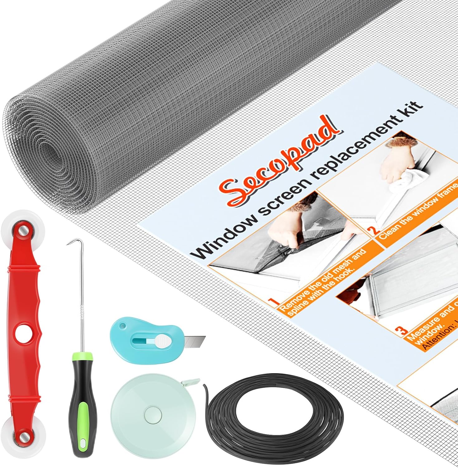Secopad Window Screens Replacement Repair Kit, 39" x 78" Screen Door ...