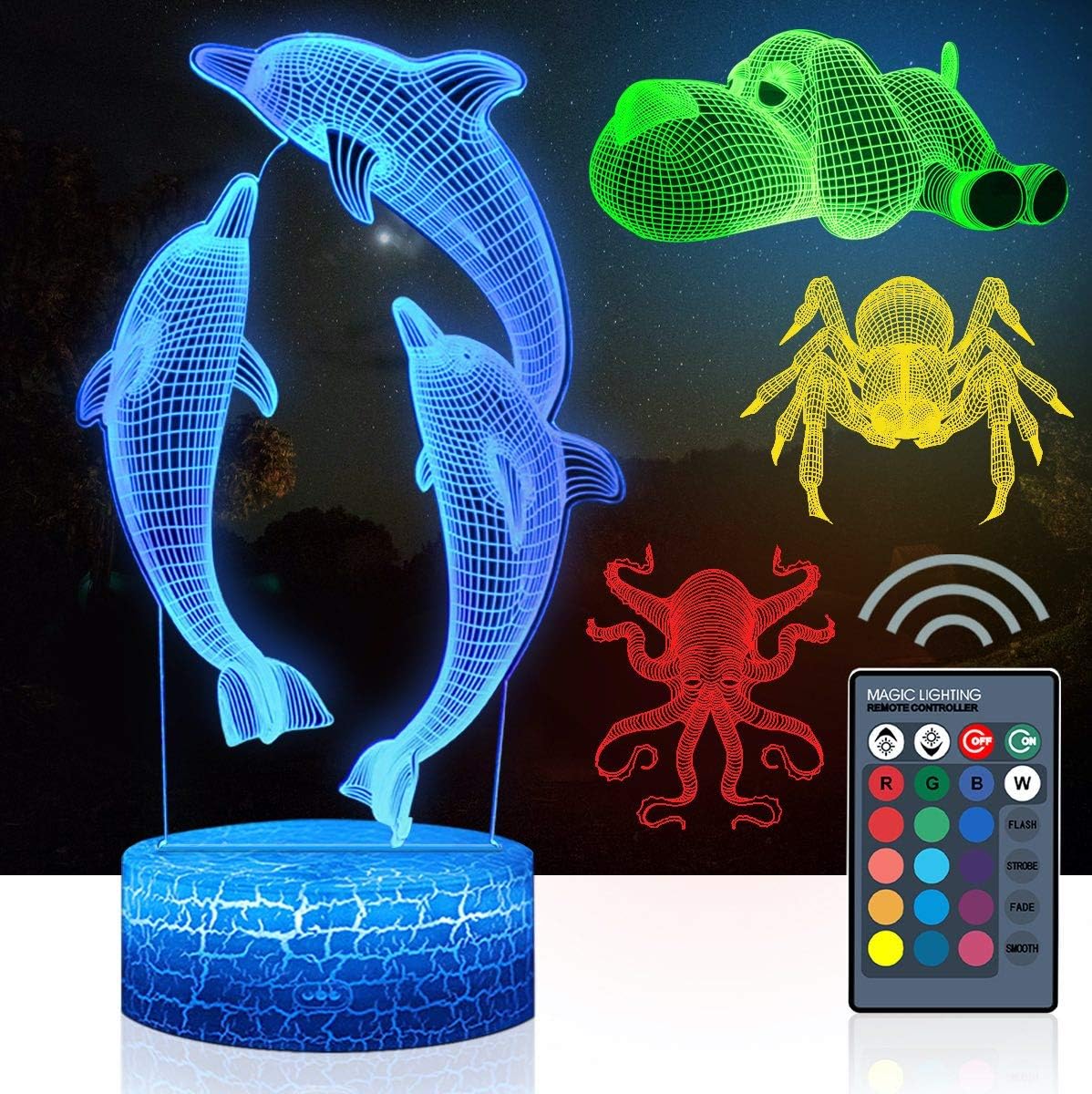 4 PCS 3D Dolphins Night Light, Cool 3D Dolphins Lamp, Beautiful Remote ...
