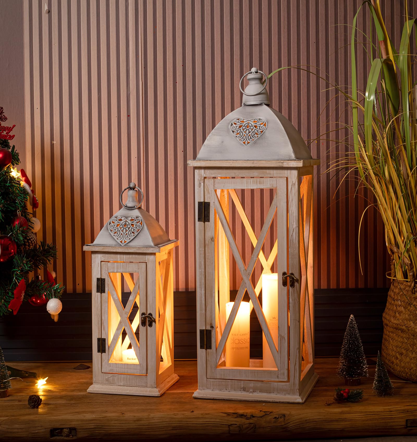 Venalys Large Rustic Lantern Decorative Set of 2, Farmhouse Wooden ...