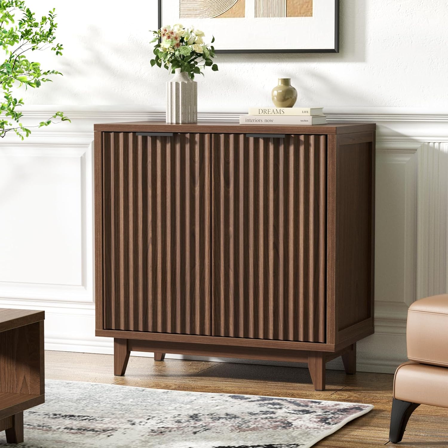 Amazon.com: Fluted Cabinet with Storage, 2 Doors Sideboard Buffet, Mid ...