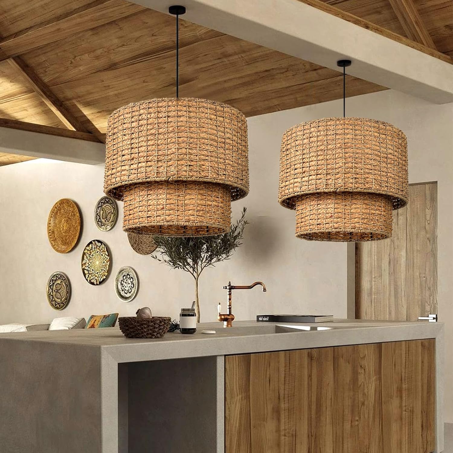 Arturesthome Rustic Woven Pendant Light, Coastal Rattan Lampshade ...
