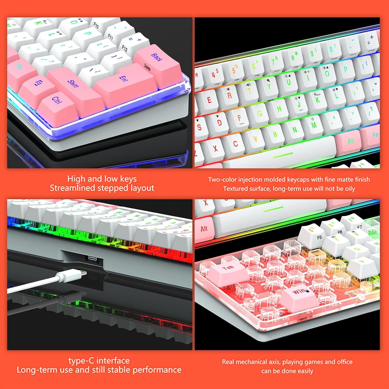 Gaming Keyboard Wired Mechanical 60 Percent Keyboards Portable Light Up ...