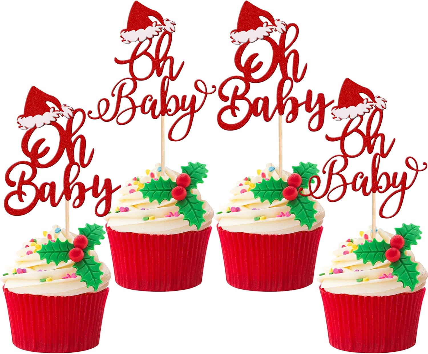 Amazon.com: 24 PCS Oh Baby Cupcake Toppers Red Glitter Santa Hat Baby ...