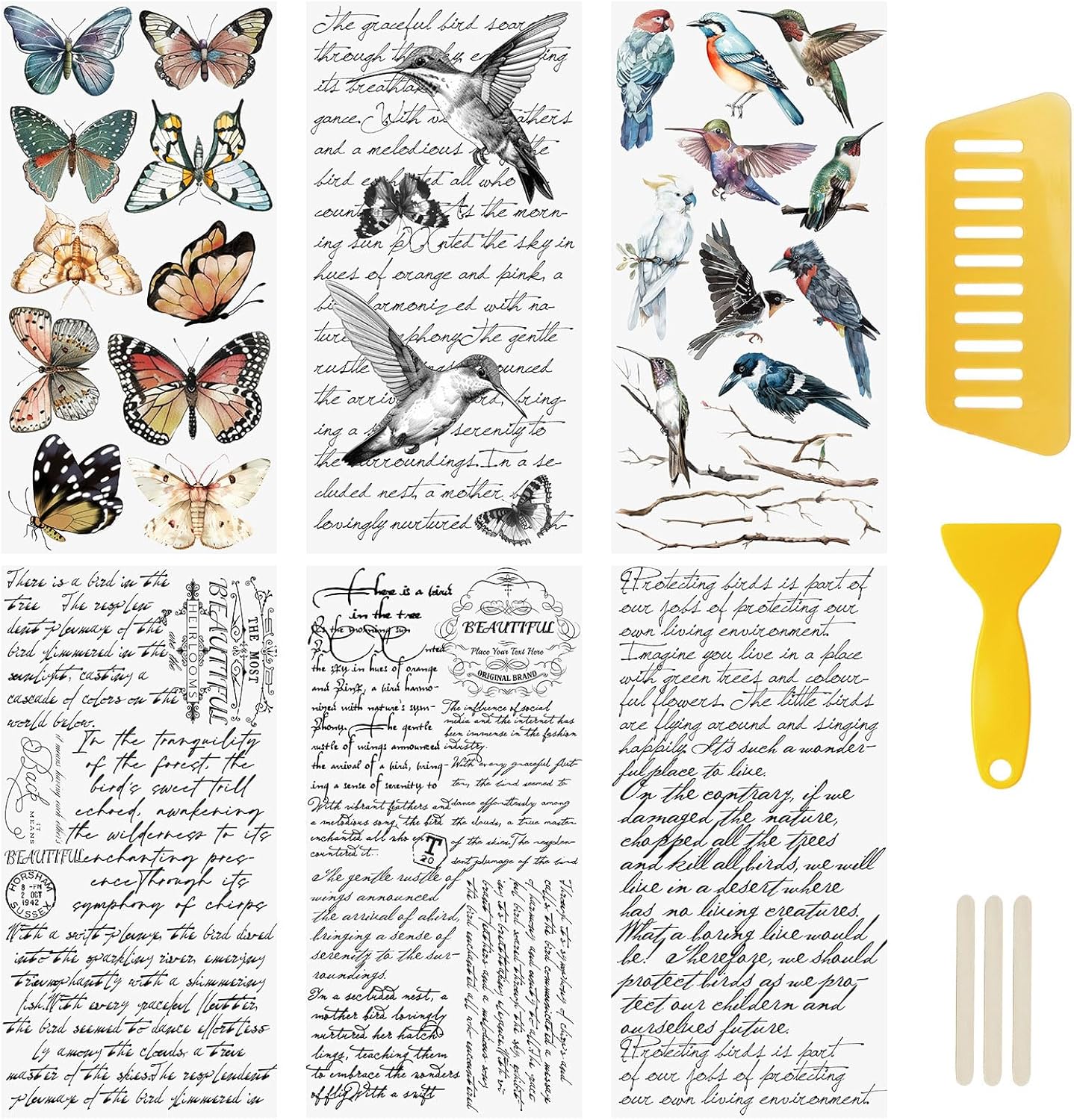 Amazon.com: WANDIC 6 Sheets Rub On Transfer Sticker, Butterfly Bird ...