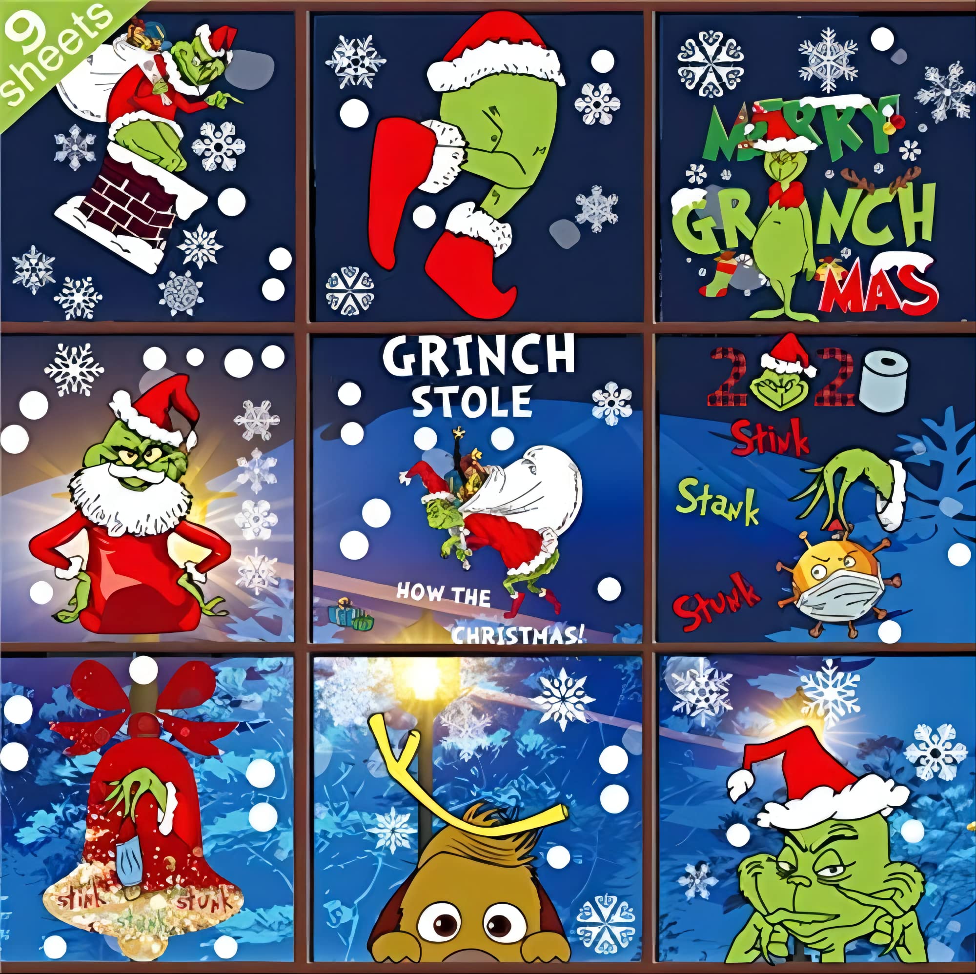 Buy Grinch Window Clings Christmas Decals - 9 Sheet Grinch Window ...