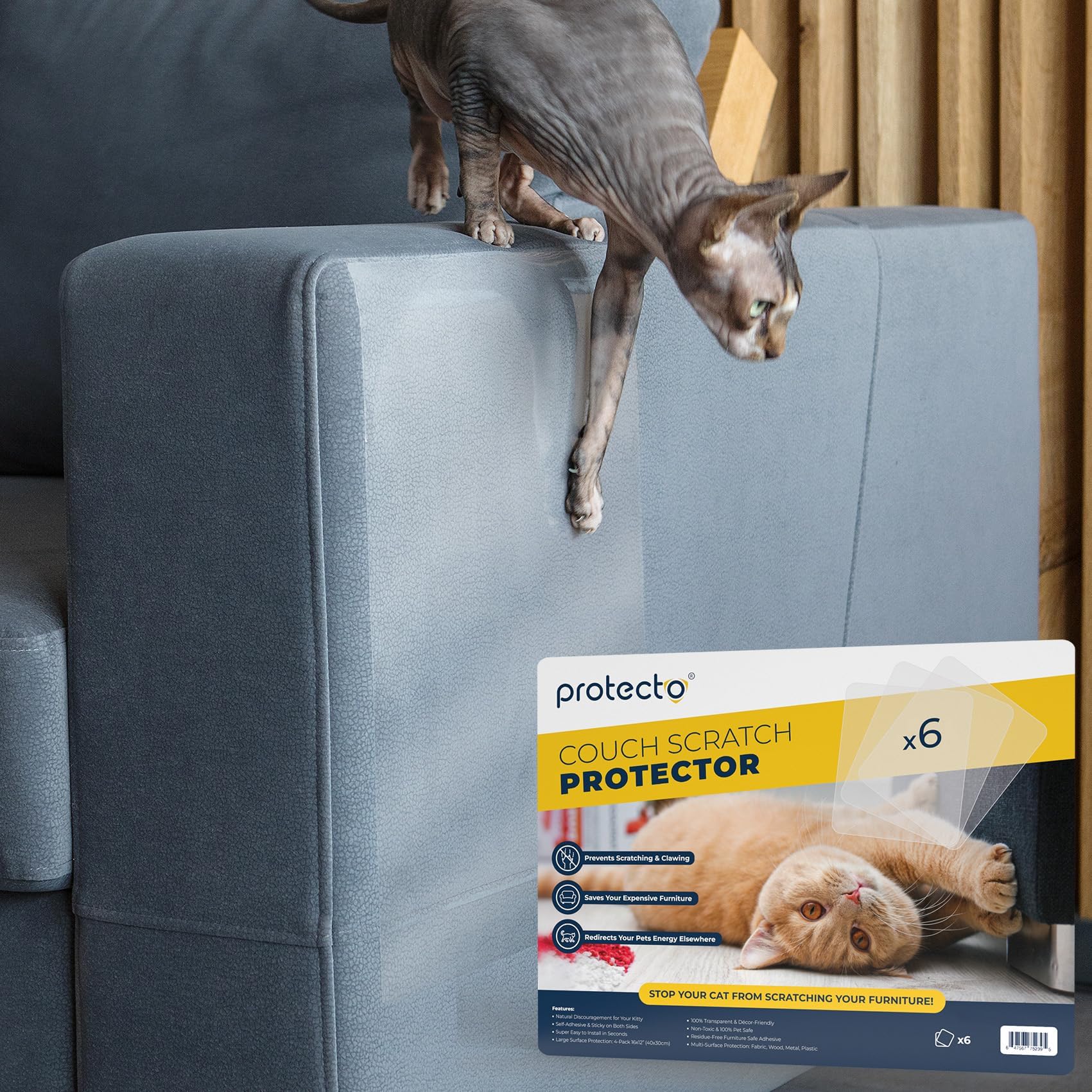 PROTECTO Sofa Cat Scratch Protector - 6x Adhesive Furniture Protectors ...