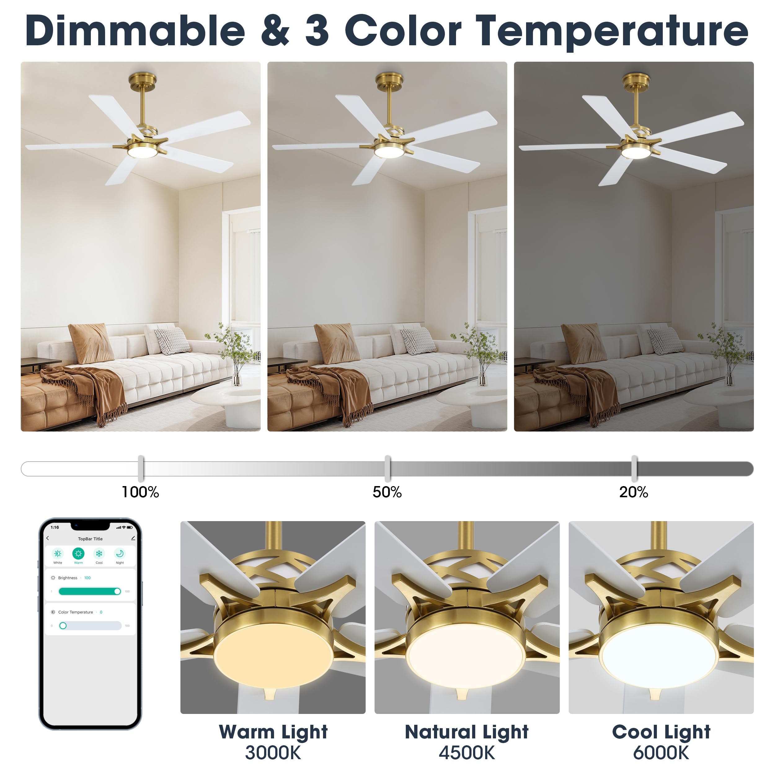 WINGBO 60" Smart Ceiling Fan with Lights and 3 Downrods, 5 Plywood ...