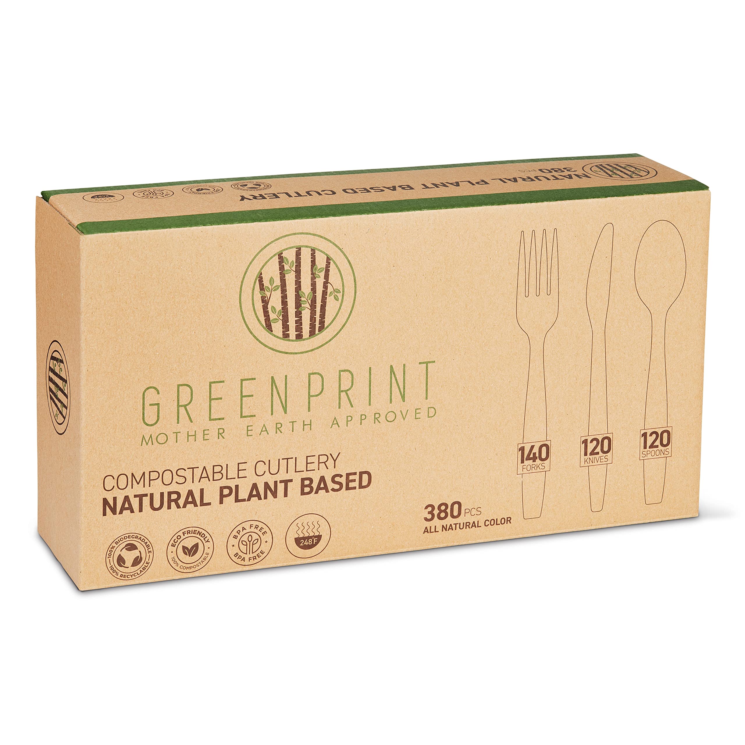 GREENPRINT compostable cutlery set [380 Pack] 140 Forks, 120 Spoons ...