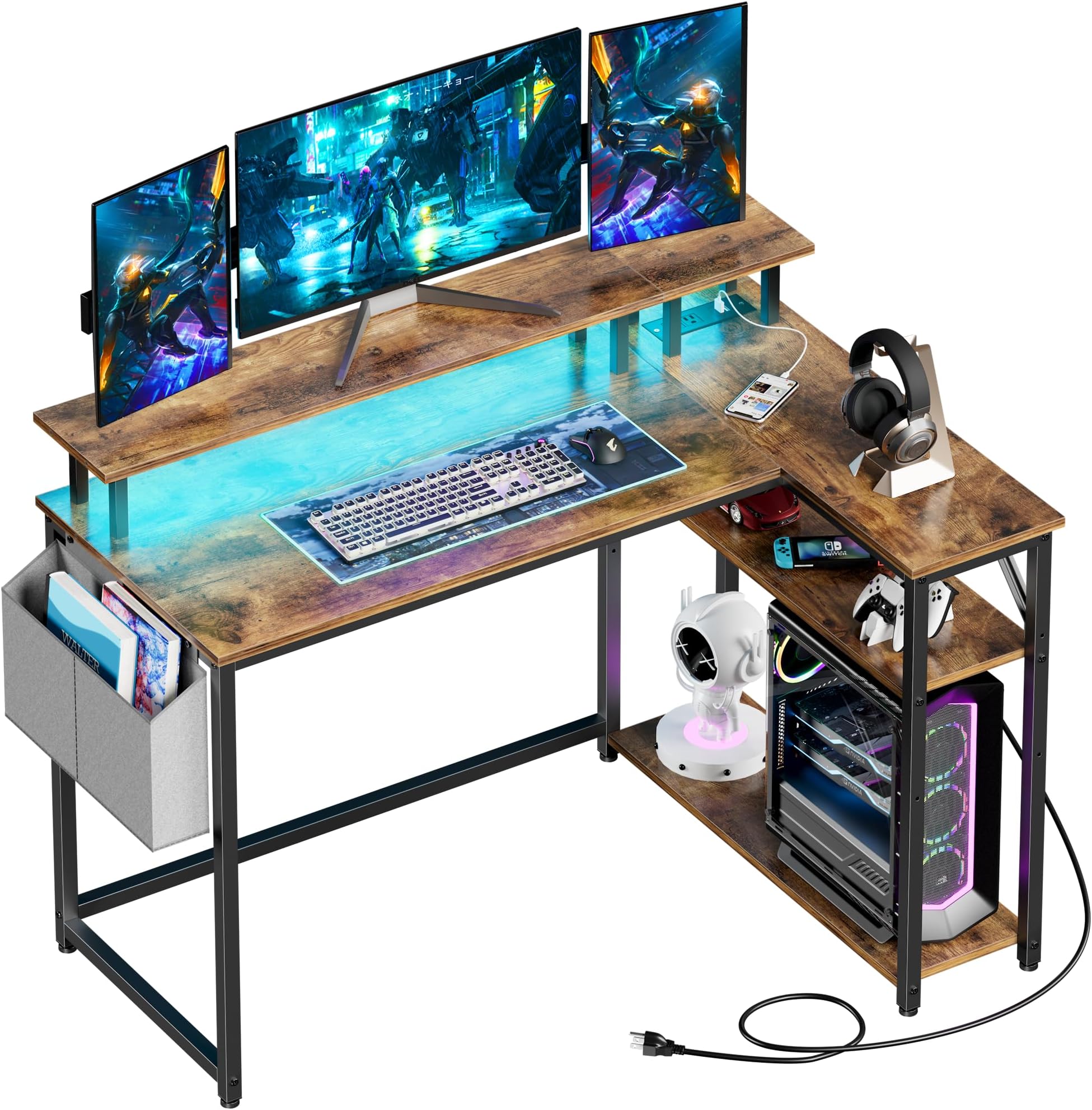 Amazon.com: Mr IRONSTONE L Shaped Desk with Power Outlets & LED Lights ...