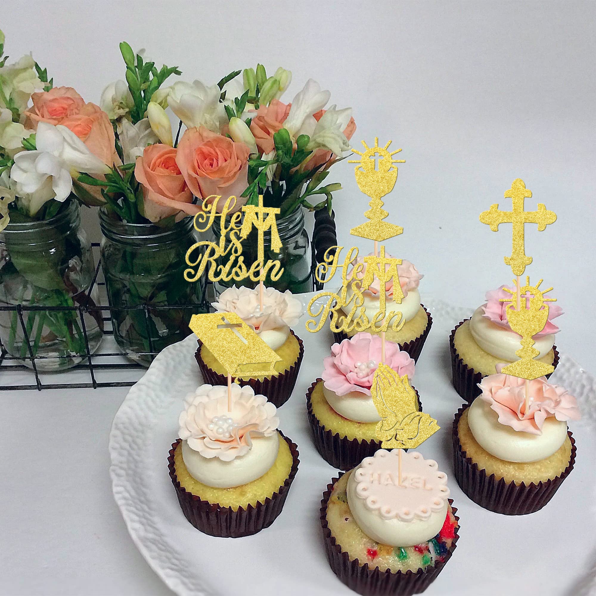 Snapklik.com : 30 PCS He Is Risen Cupcake Toppers Glitter Cross Jesus ...