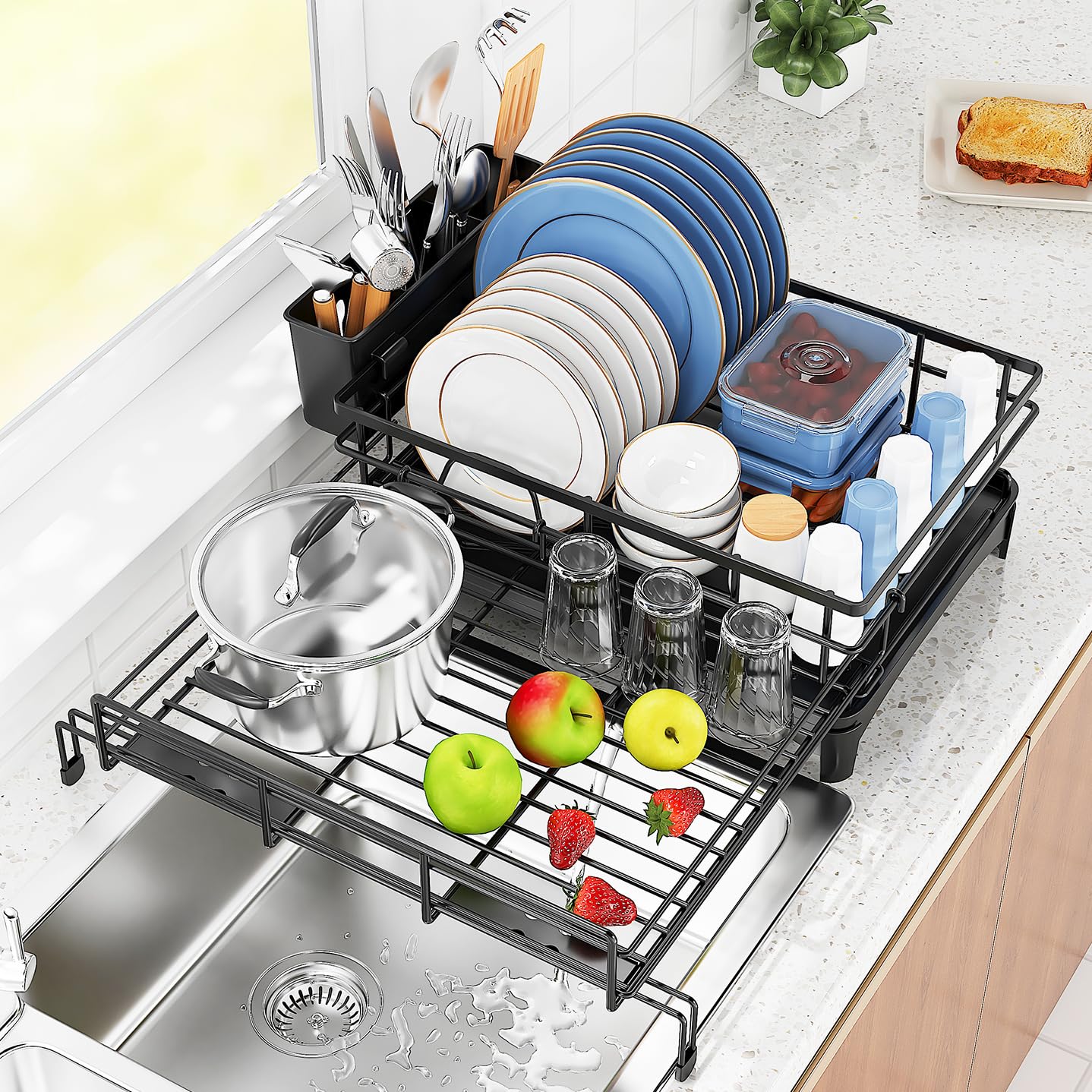 Amazon.com - Large Dish Drying Rack,Extendable Dish Rack With Cutlery ...
