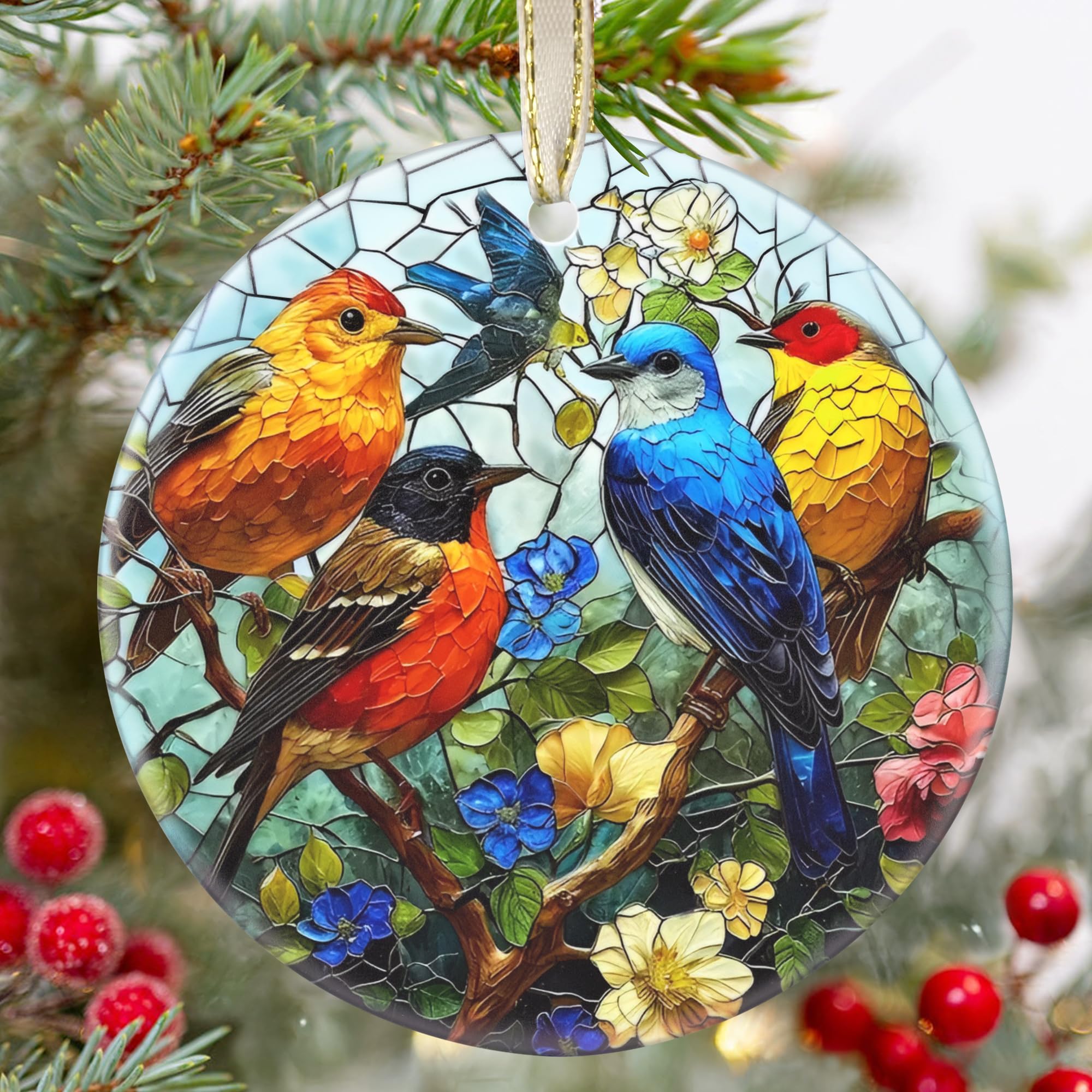 Amazon.com: Christmas Ornament - Birds Decor Round Ceramic - Birds ...