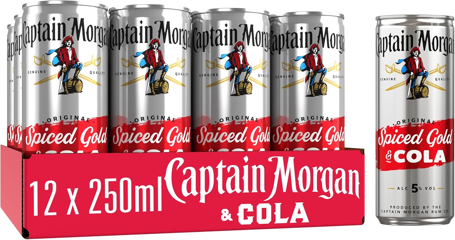 Captain Morgan Original Spiced Gold & Cola | 5% vol | 12 x 250ml | Premixed Rum Based Cocktail ...