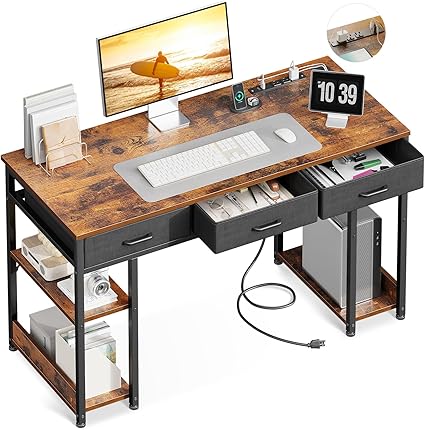 Amazon.com: AODK 48 Inch Office Desk with Fabric Drawers & Power ...