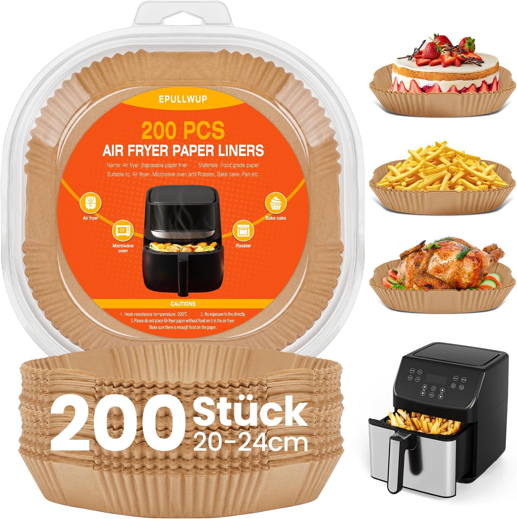 Backpapier für Heißluftfritteuse, 200 Stück Airfryer Backpapier 20-24 CM, Antihaft Wasserdicht ...