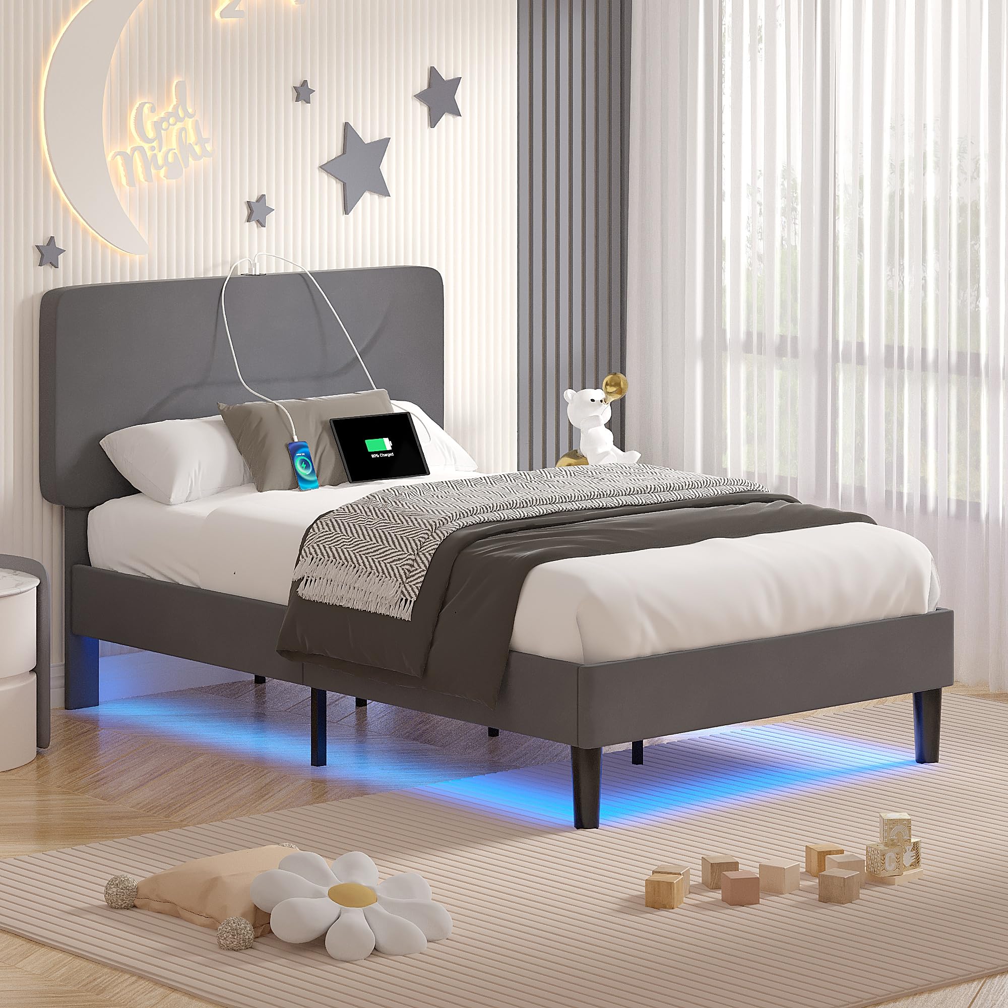 Amazon.com: VECELO Twin Size Bed Frame with LED Lights, Upholstered ...