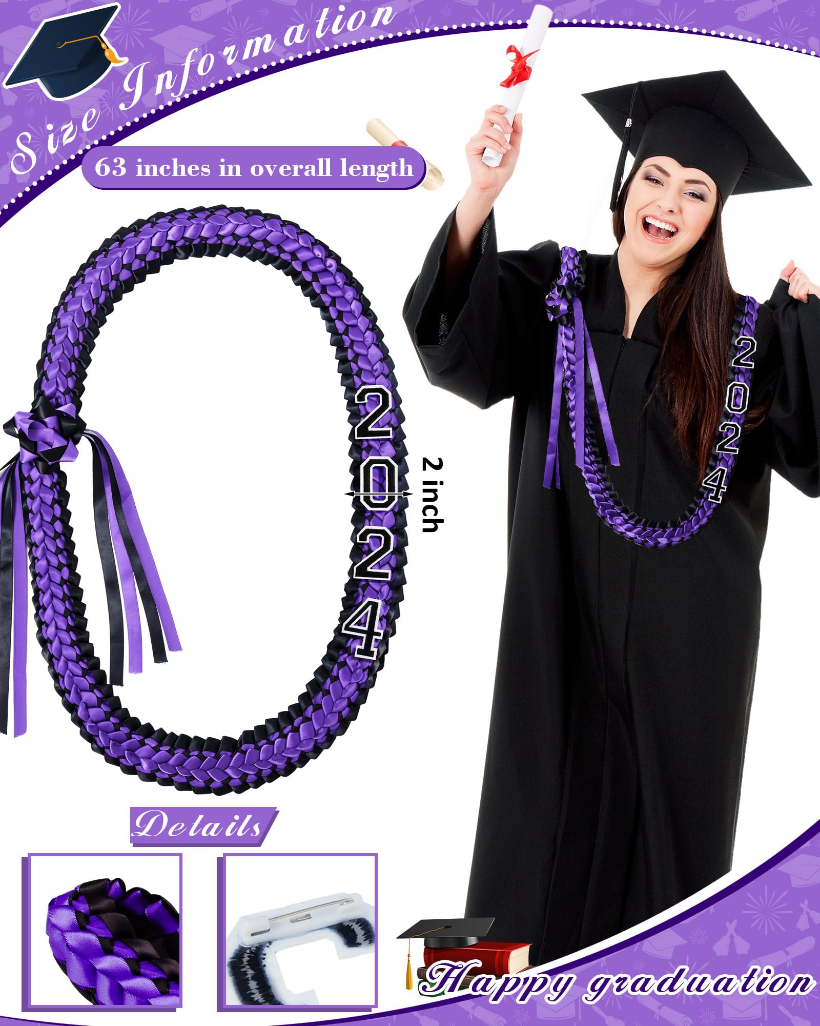 Snapklik.com : Cindeer Silk Graduation Leis 2024 Grad Embroidery Number ...