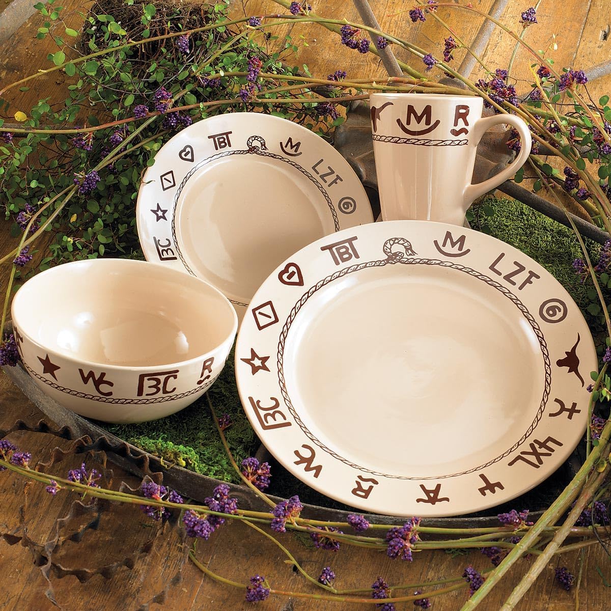 Amazon.com | Cattle Branded Dinnerware Set - Rustic 16-Piece Stoneware ...