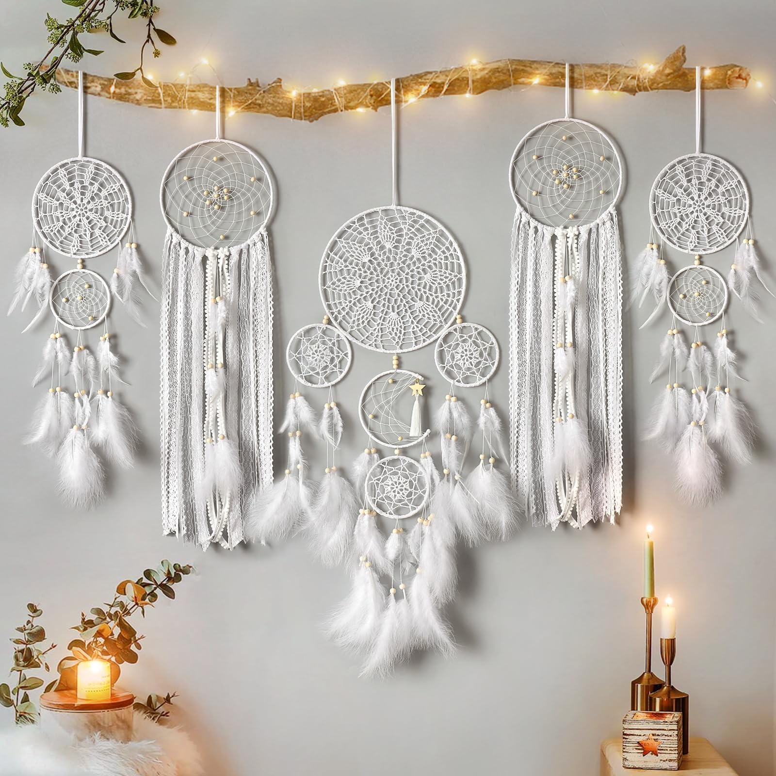 Amazon.com: Set of 5 Boho, Hanging Large Boho Dream Catcher Macrame Wall Hanging Moon Dream ...