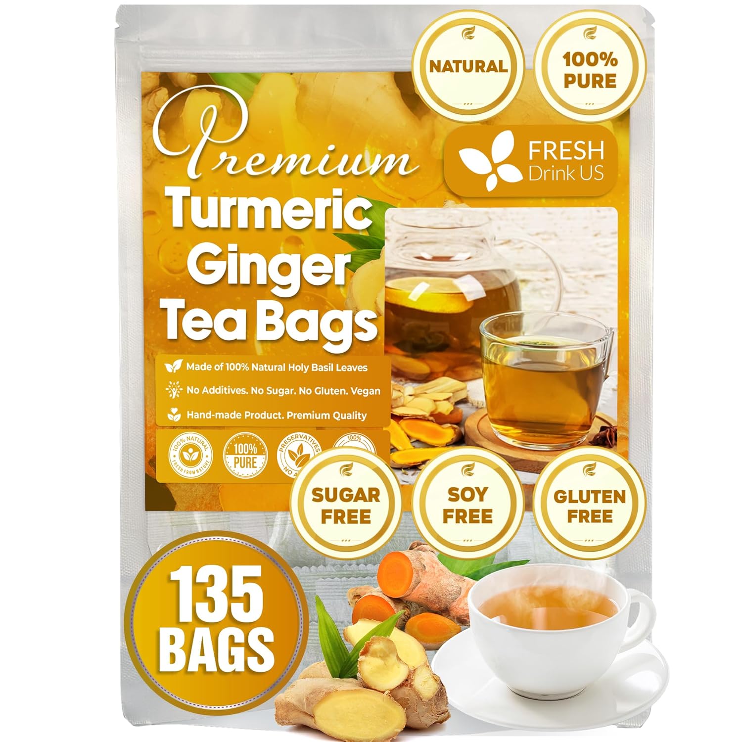 Amazon.com : FreshDrinkUS, Premium 135 Turmeric Ginger Tea Bags, 100% ...