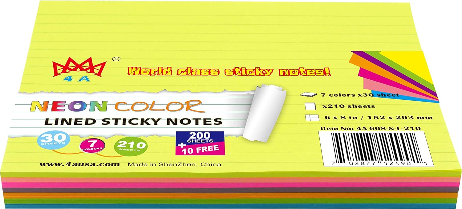 4A Sticky Notes 6 X 8 Inches 7 Neon Color Assorted Lined Self Stick