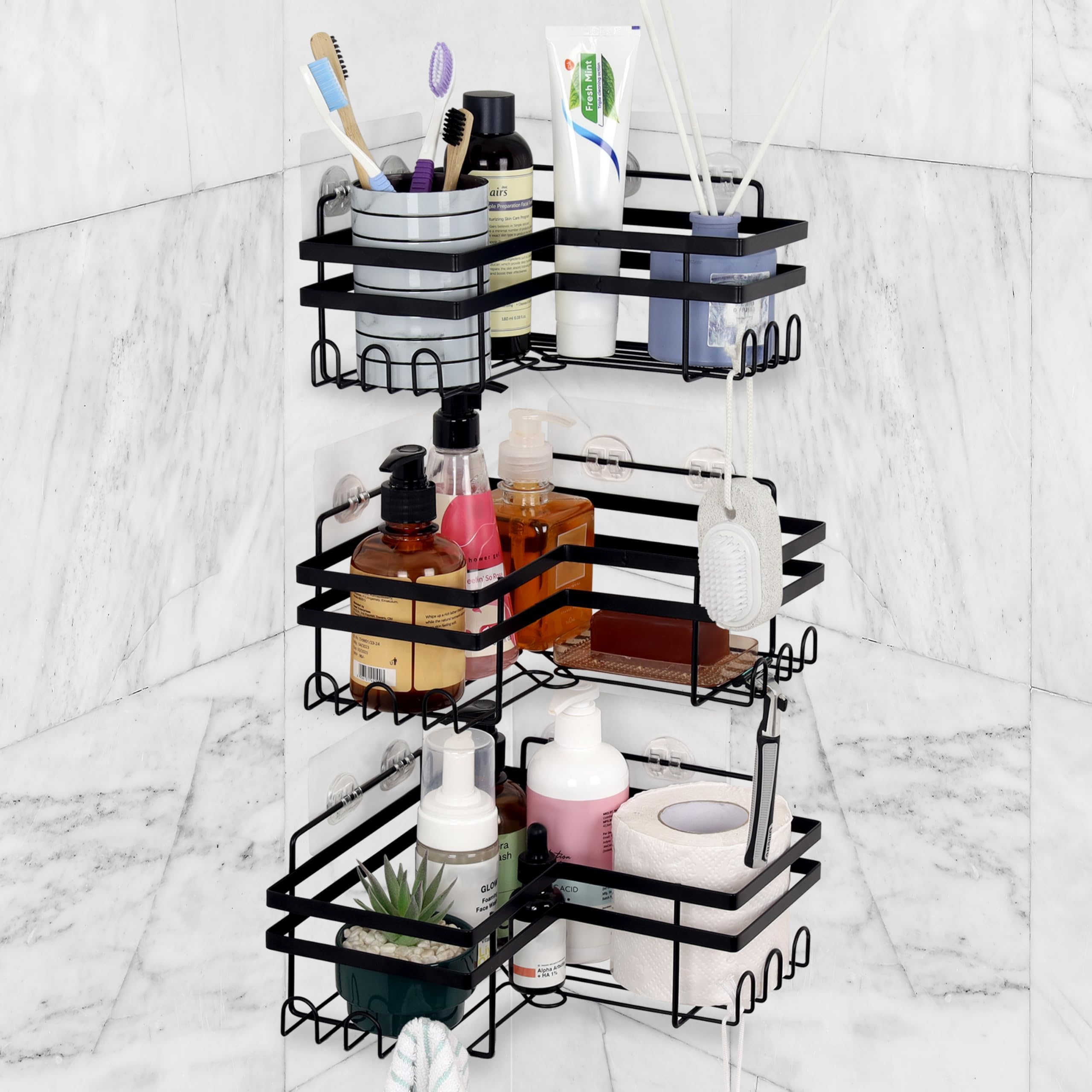 Belle Vous 3 Pack of Shower Corner Caddy Shelves with Hooks - Adhesive ...