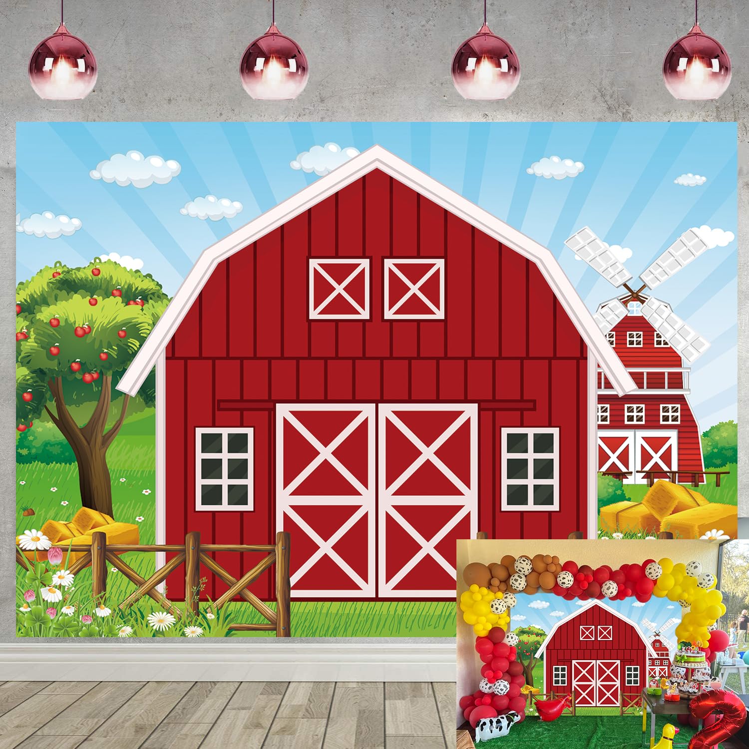Snapklik.com : Farm Barn Backdrop 7x5FT Cartoon Red Barn Green Trees ...