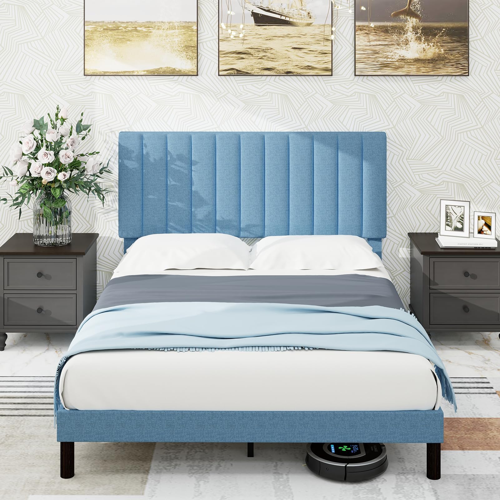 Amazon.com: Mhjinuwet Queen Size Bed Frame, Linen Fabric Upholstered ...