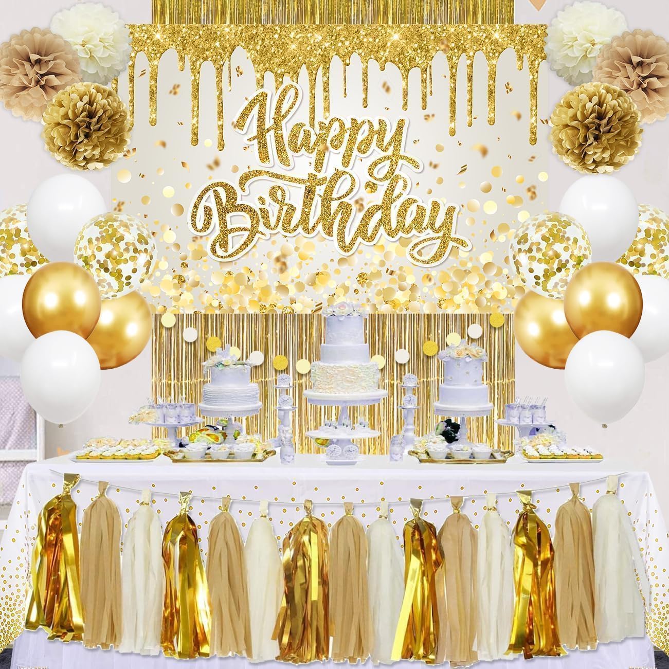 Amazon.com: Dydamud Golden Birthday Party Decorations, White and Gold ...