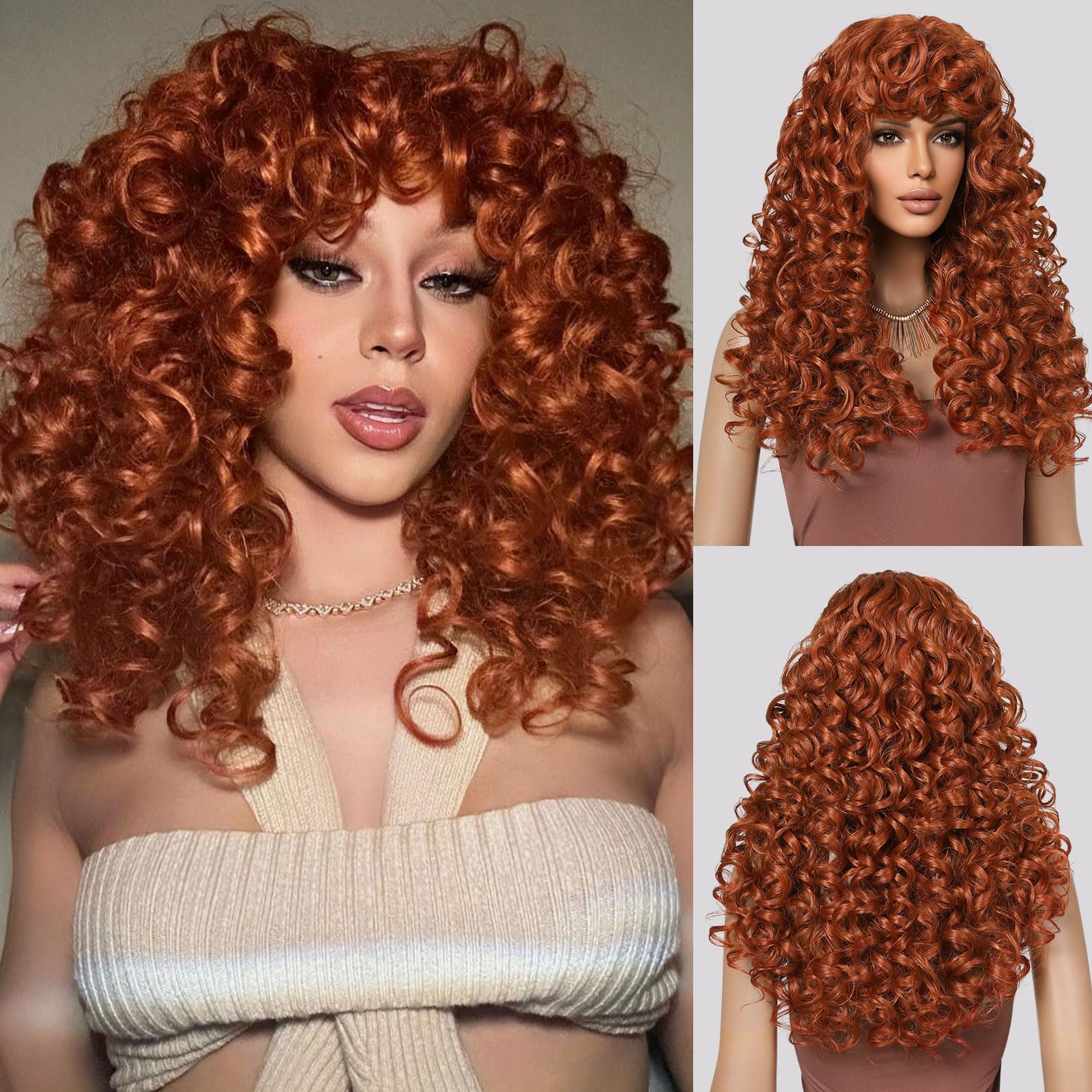 Amazon.com : LONAI Copper Red Curly Wig Long Curly Wigs with Bangs for ...
