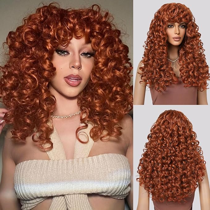 Amazon.com : LONAI Copper Red Curly Wig Long Curly Wigs with Bangs for ...