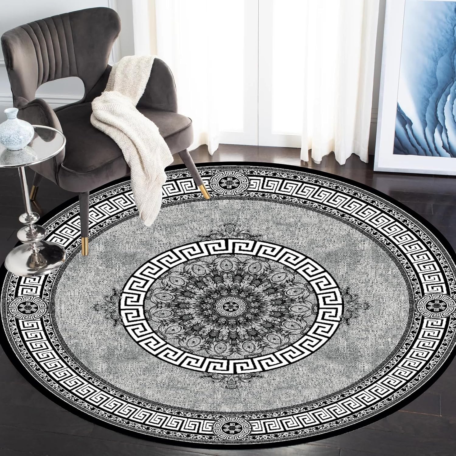 Amazon.com: Moroccan Washable Round Rug 4ft Black and White Vintage ...