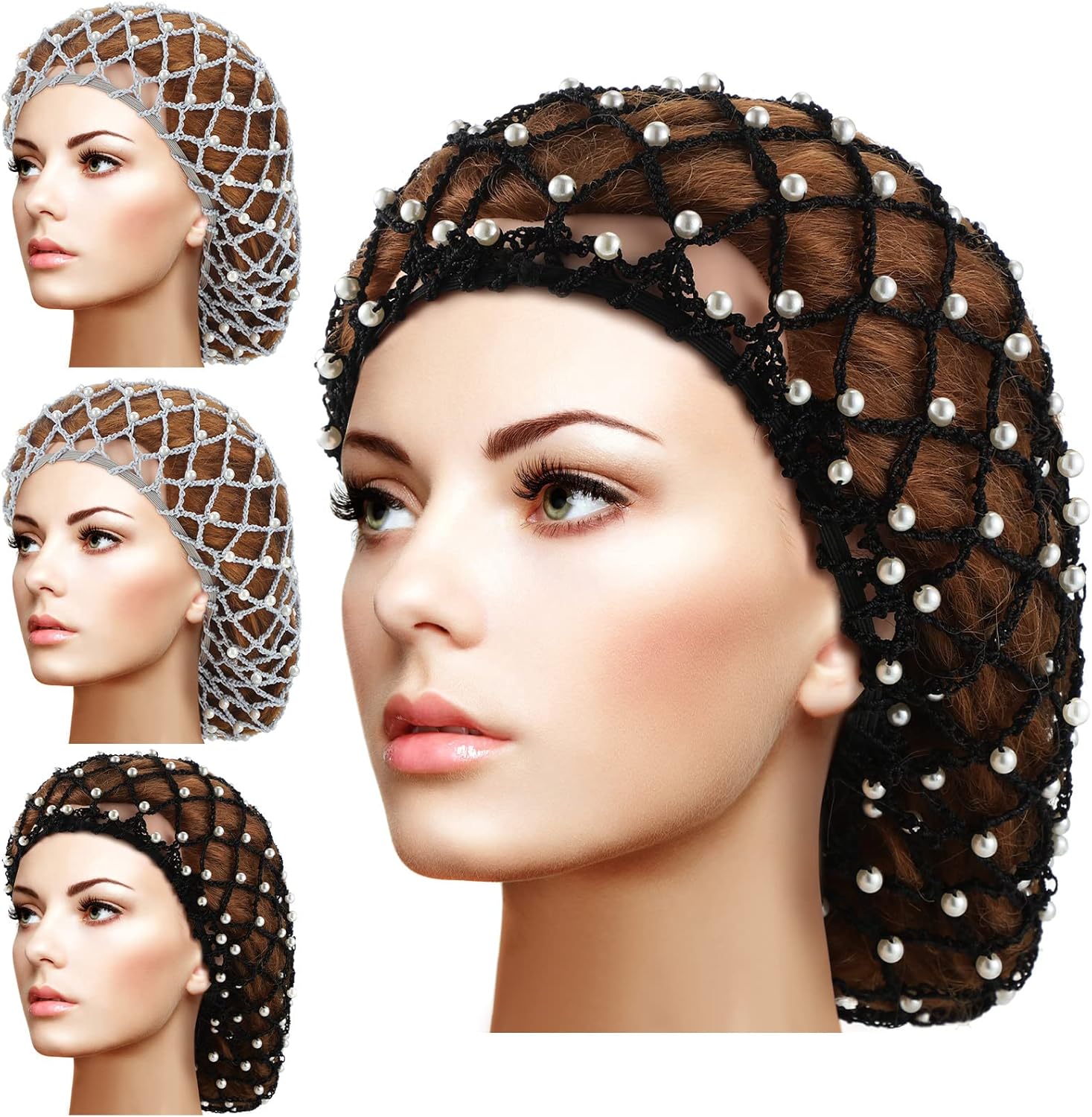 Amazon.com: MTLEE 4 Pieces Snoods for Women Hair Net Pearl Crochet Mesh ...