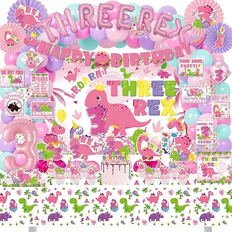 Amazon.com: FrozzlyFun Girl Dinosaur 3rd Birthday Decorations for Girls ...
