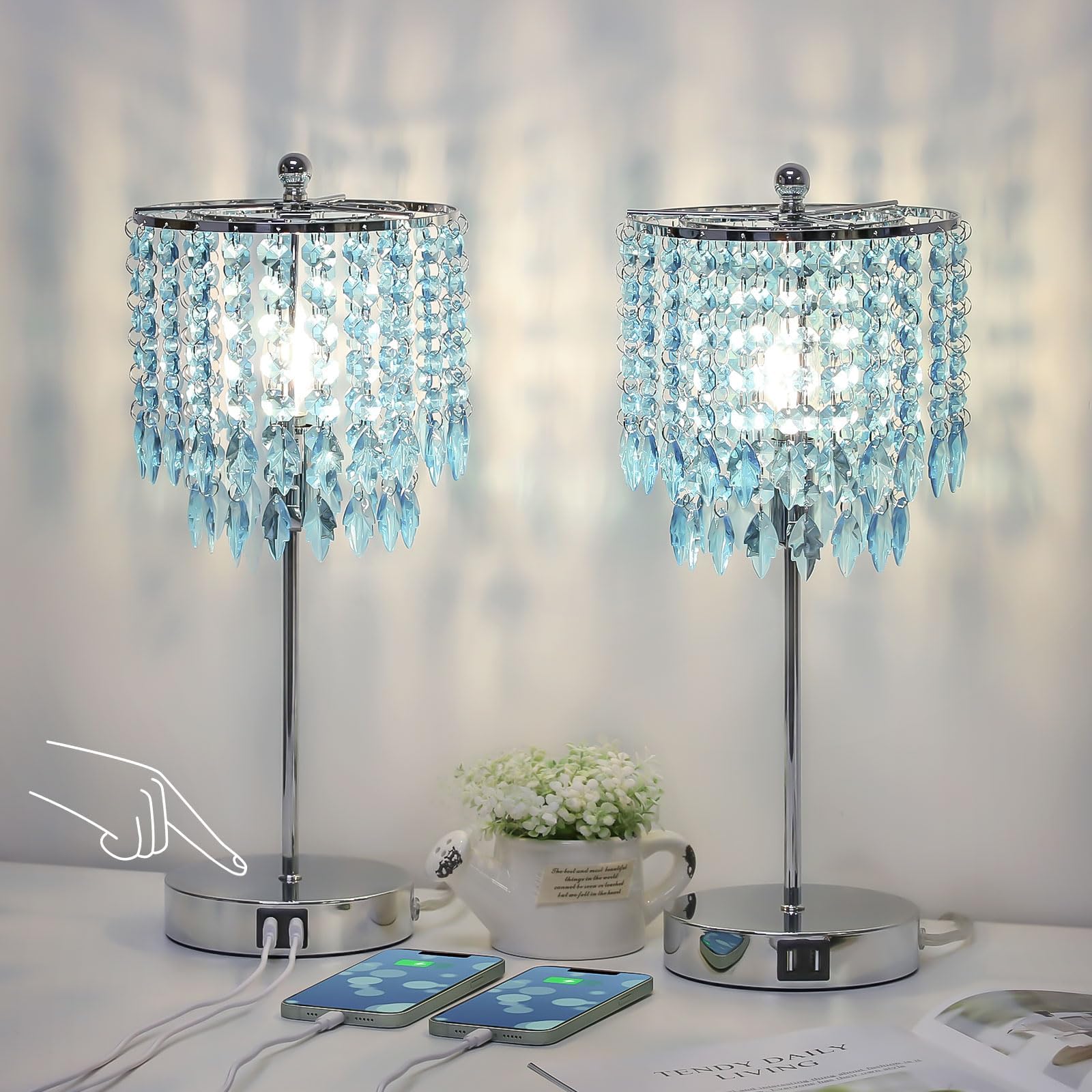 Crystal Table Lamps, Touch Control Crystal Lamps with Dual USB Ports, 3 ...